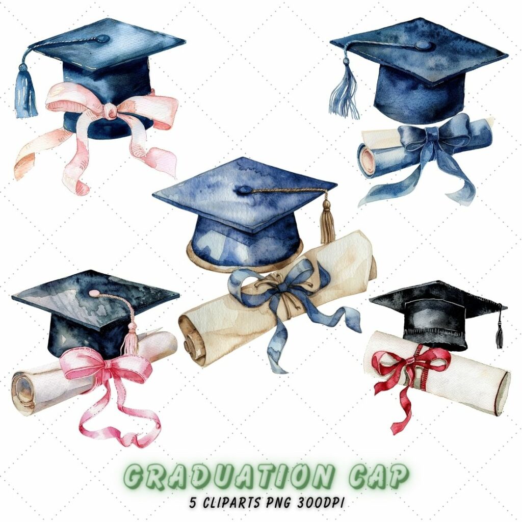 Watercolor graduation cap Clipart Bundle, graduation hat drawing ...