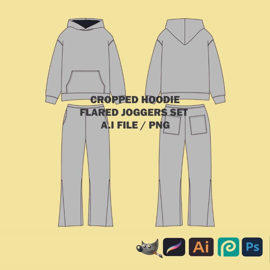 Cropped Hoodie Template Tracksuit Mockup Flared Joggers Vector Mockup ...