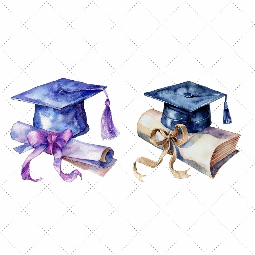 Watercolor Graduation Cap and Diploma Clipart Bundle, Watercolor ...