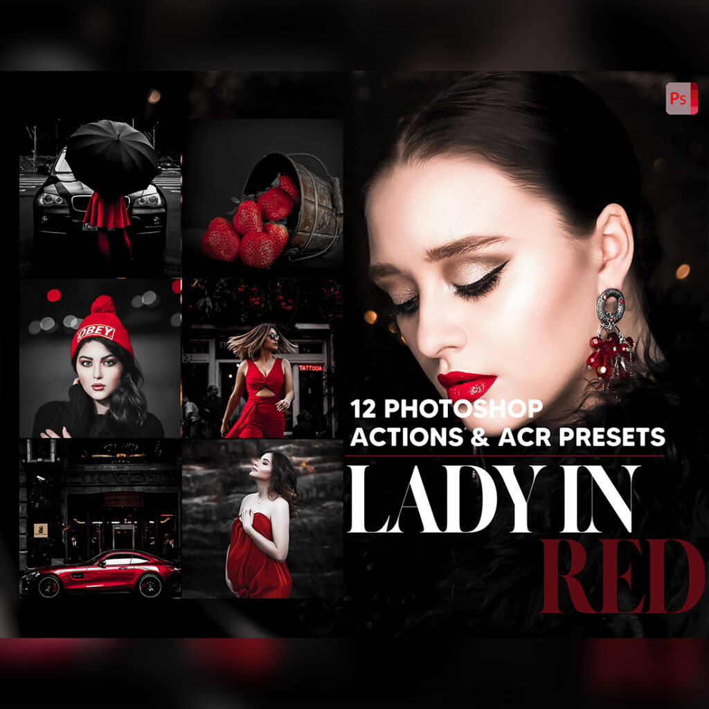 12 Photoshop Actions, Lady In Red Ps Action, Monochrome ACR Preset ...
