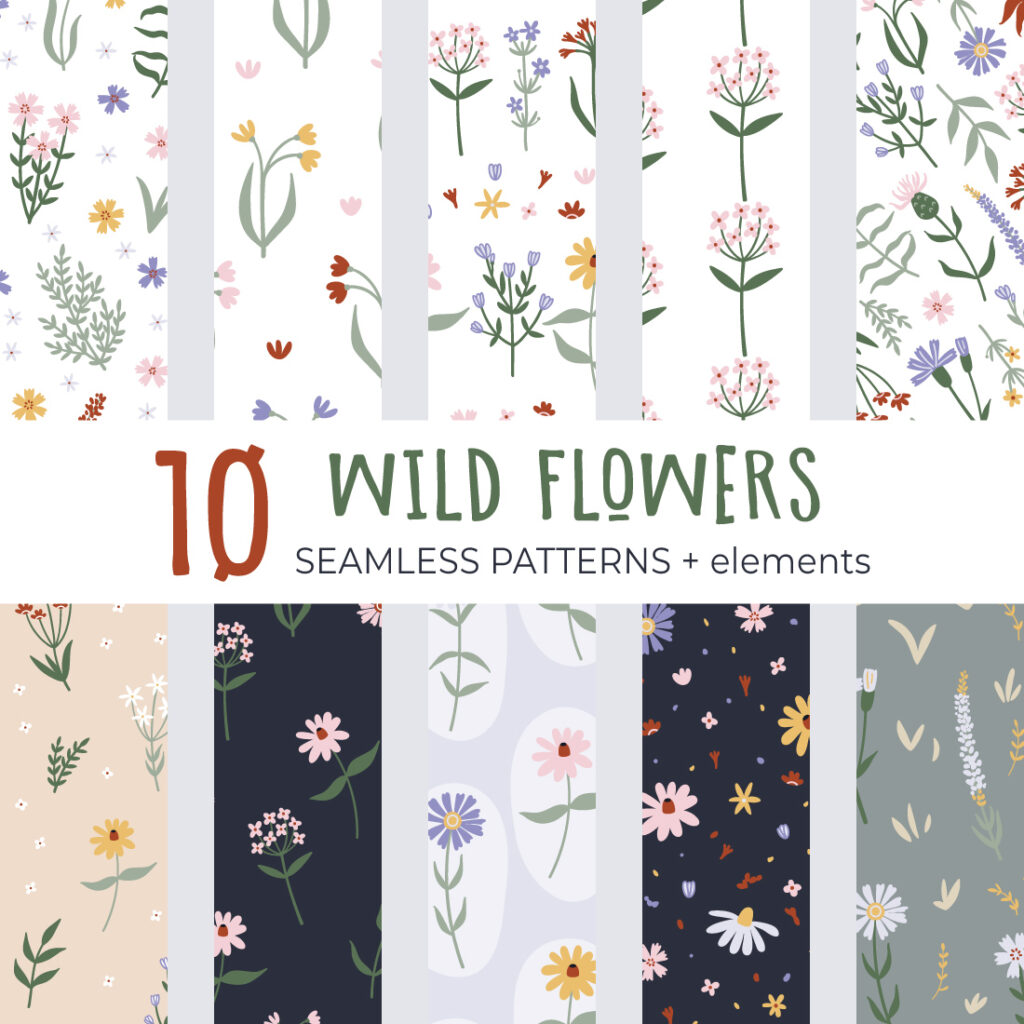 10 Seamless patterns + elements Wild Flowers - MasterBundles