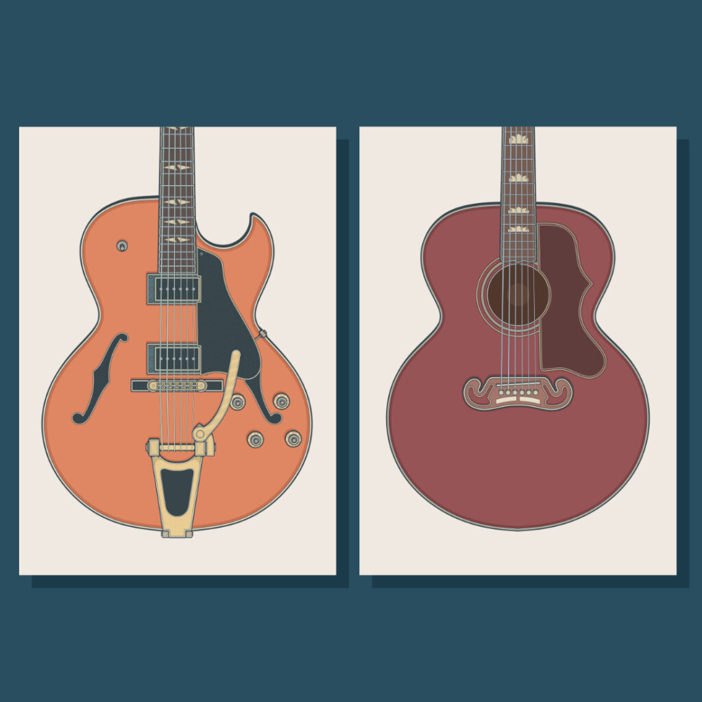 10 Vector Illustrations of Hollow Body Guitars - MasterBundles