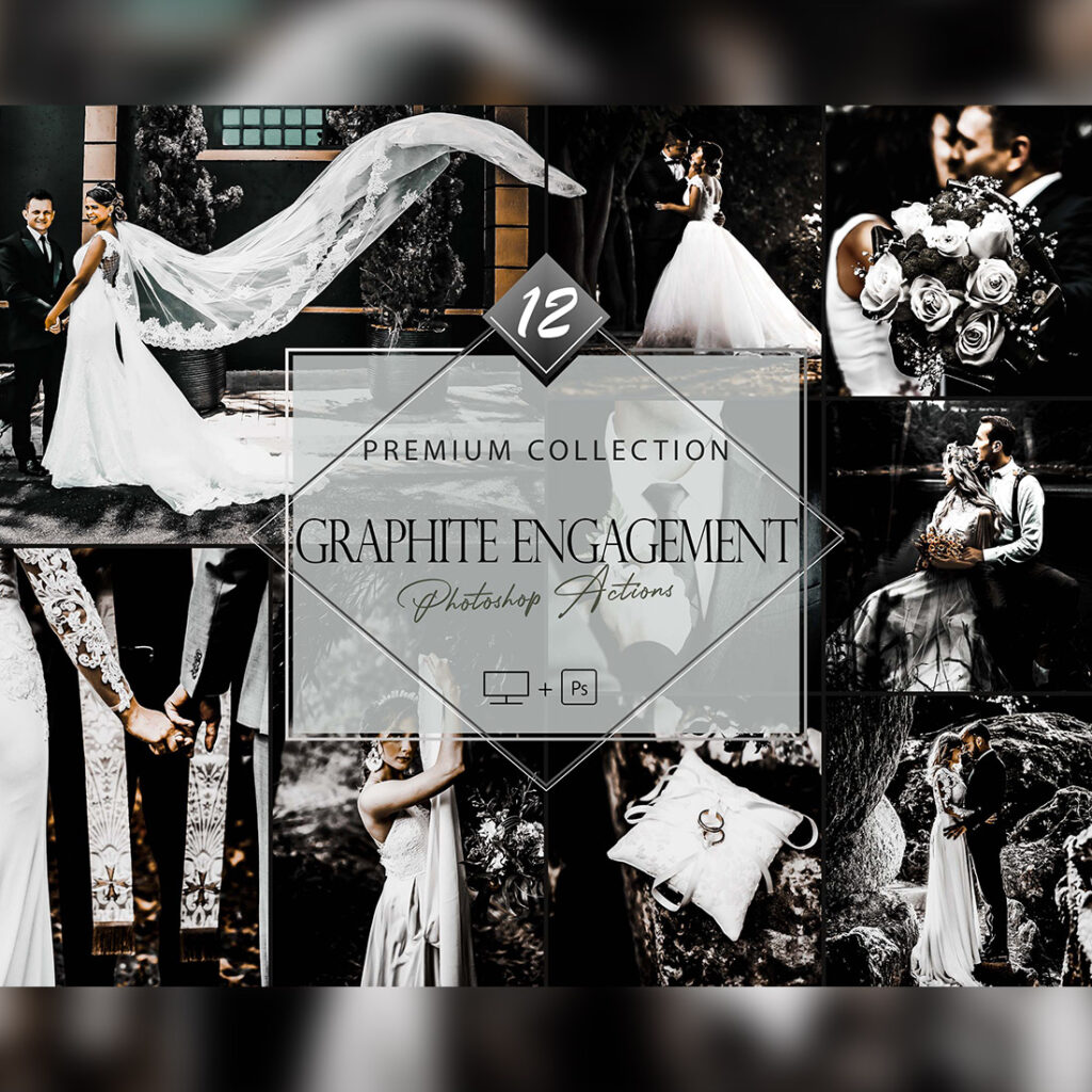 12 Graphite Engagement Photoshop Actions, Wedding ACR Preset, Monocolor ...