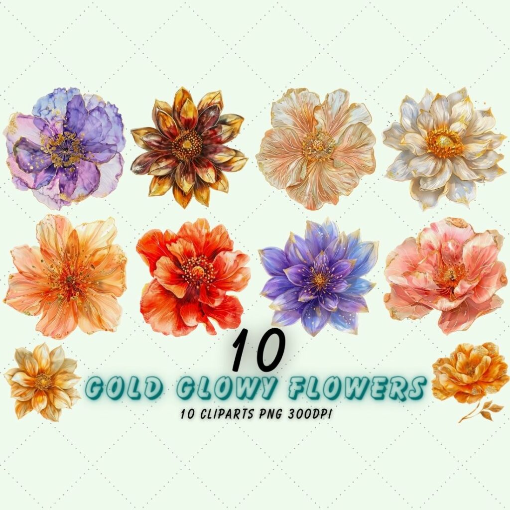Shiny Gold Flowers Clipart, Flower PNG, Watercolor Flowers - MasterBundles