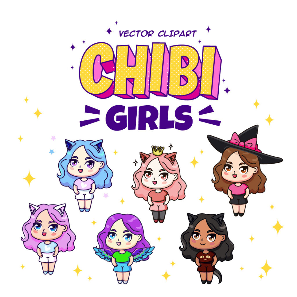 Set of 18 Chibi Girls Vector Clipart