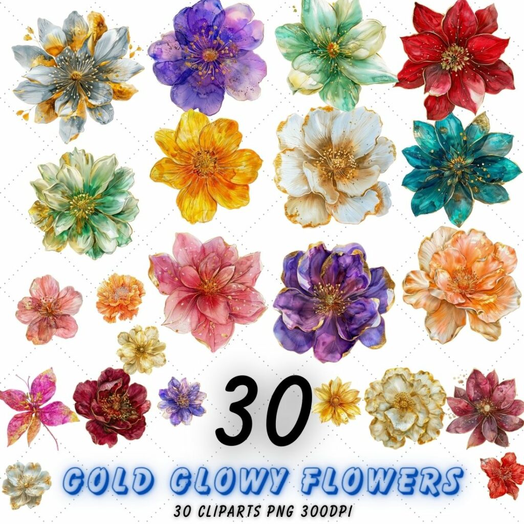 Gold Glowy Flowers Clipart Bundle | Watercolor Flower Png - MasterBundles