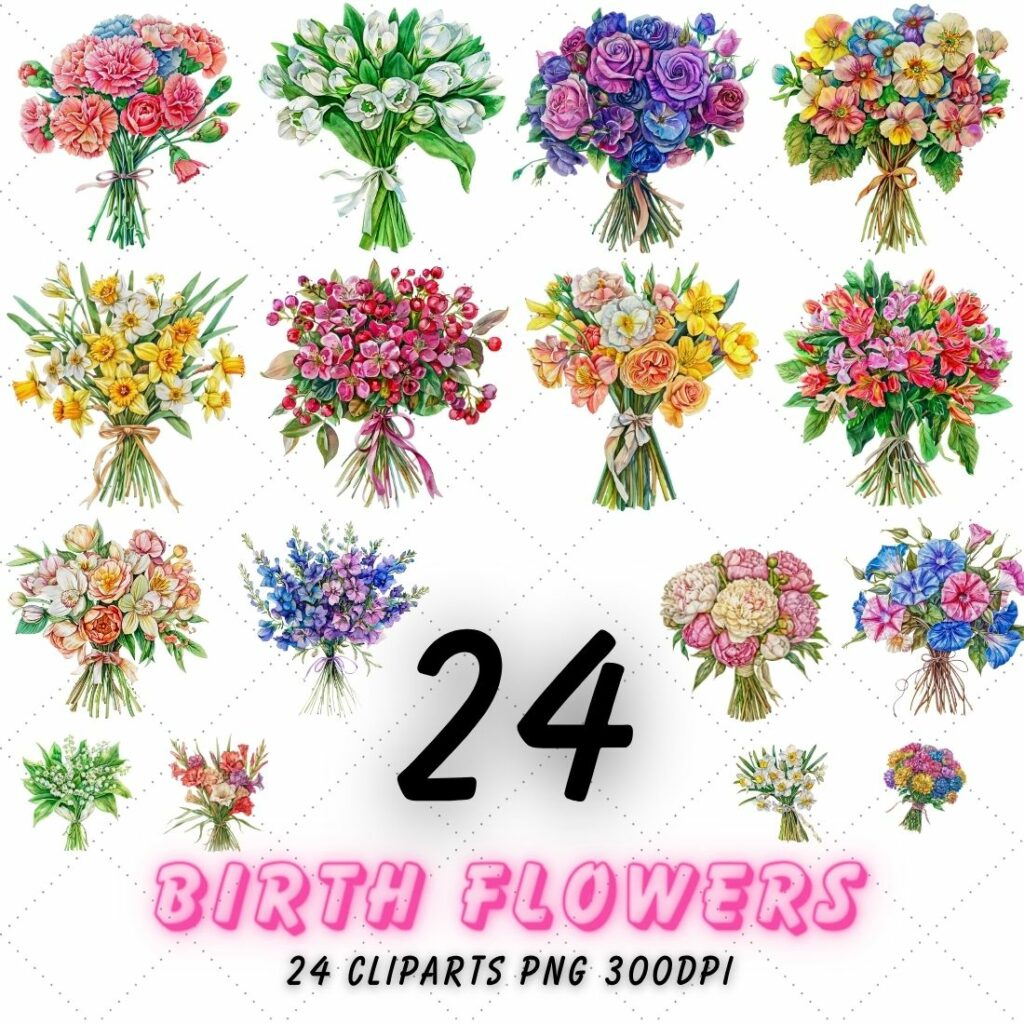 Birth Flower bouquet PNG Birth month Clipart Watercolor & Vintage style ...