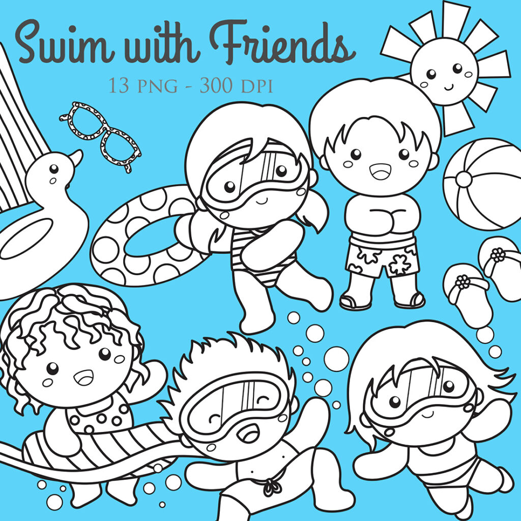 Kids Boy Girl Swimming with Friends Holiday Activity Beach Summer Time ...