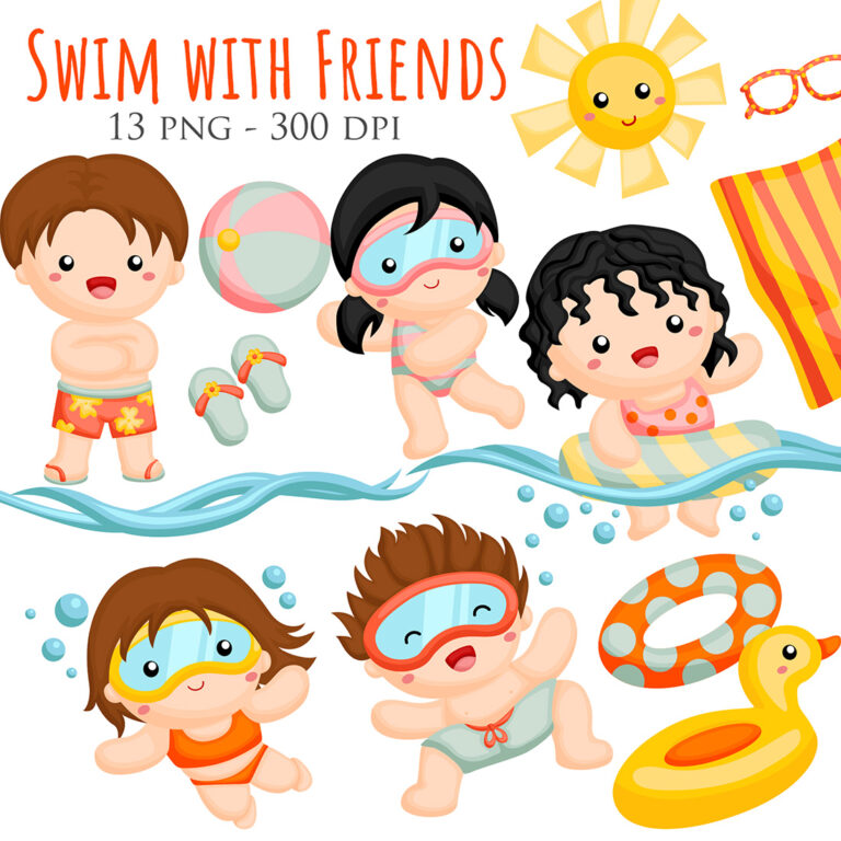 Cute Colorful Kids Swimming with Friends Holiday Time Activity Summer ...