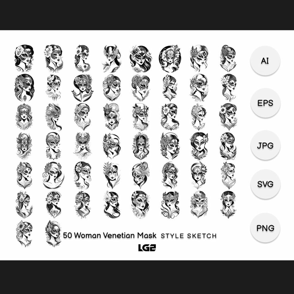 Woman Venetian Mask Element Draw Black - MasterBundles