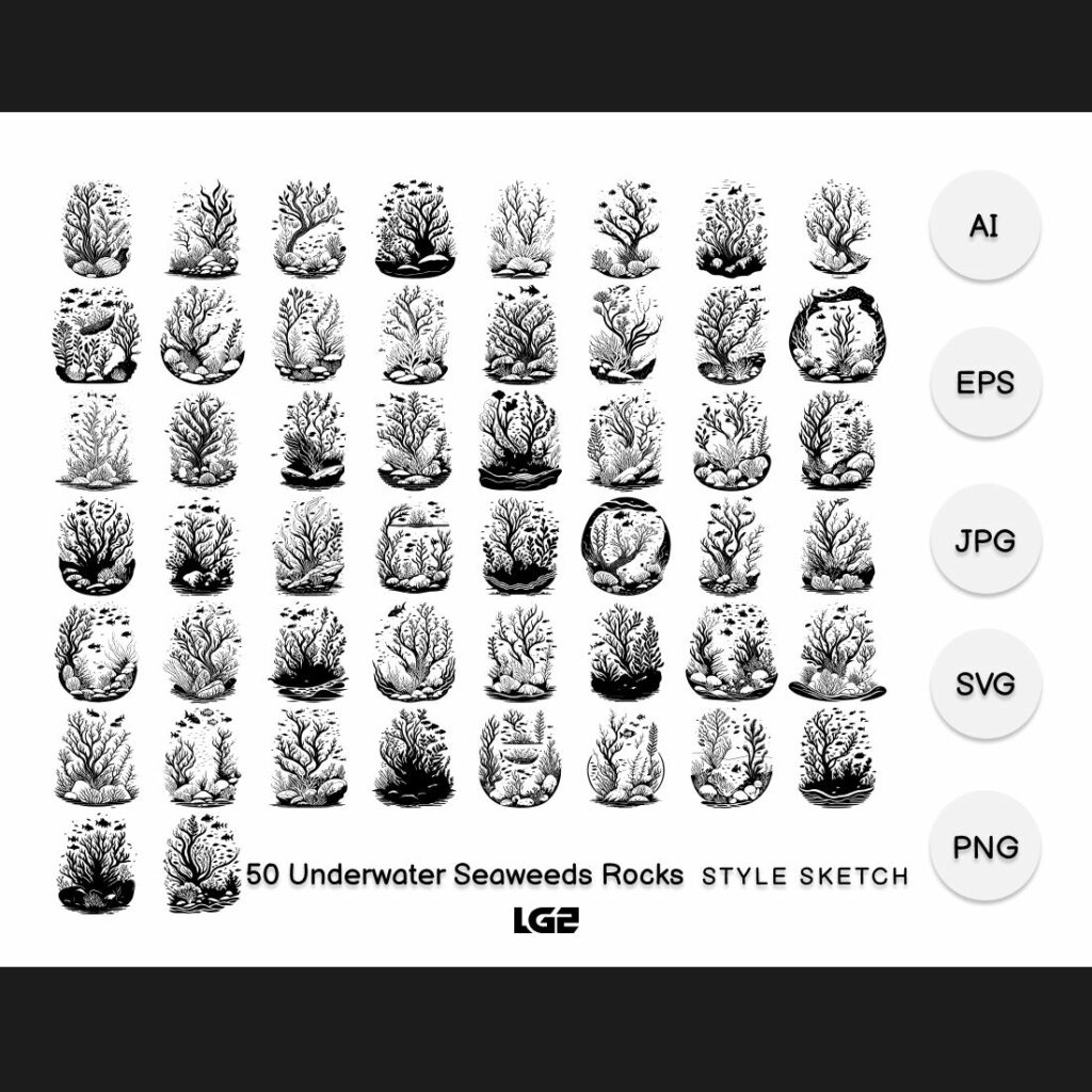 Underwater Seaweeds Rocks Element Black - MasterBundles