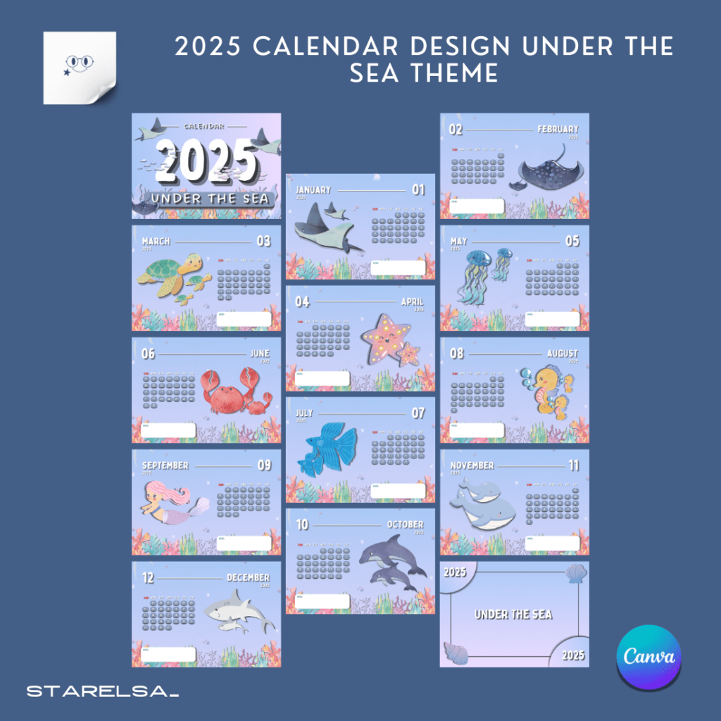 2025 Calendar Design with Under The Sea Theme with Cute Characters ...