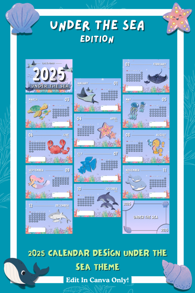 2025 Calendar Design with Under The Sea Theme with Cute Characters ...