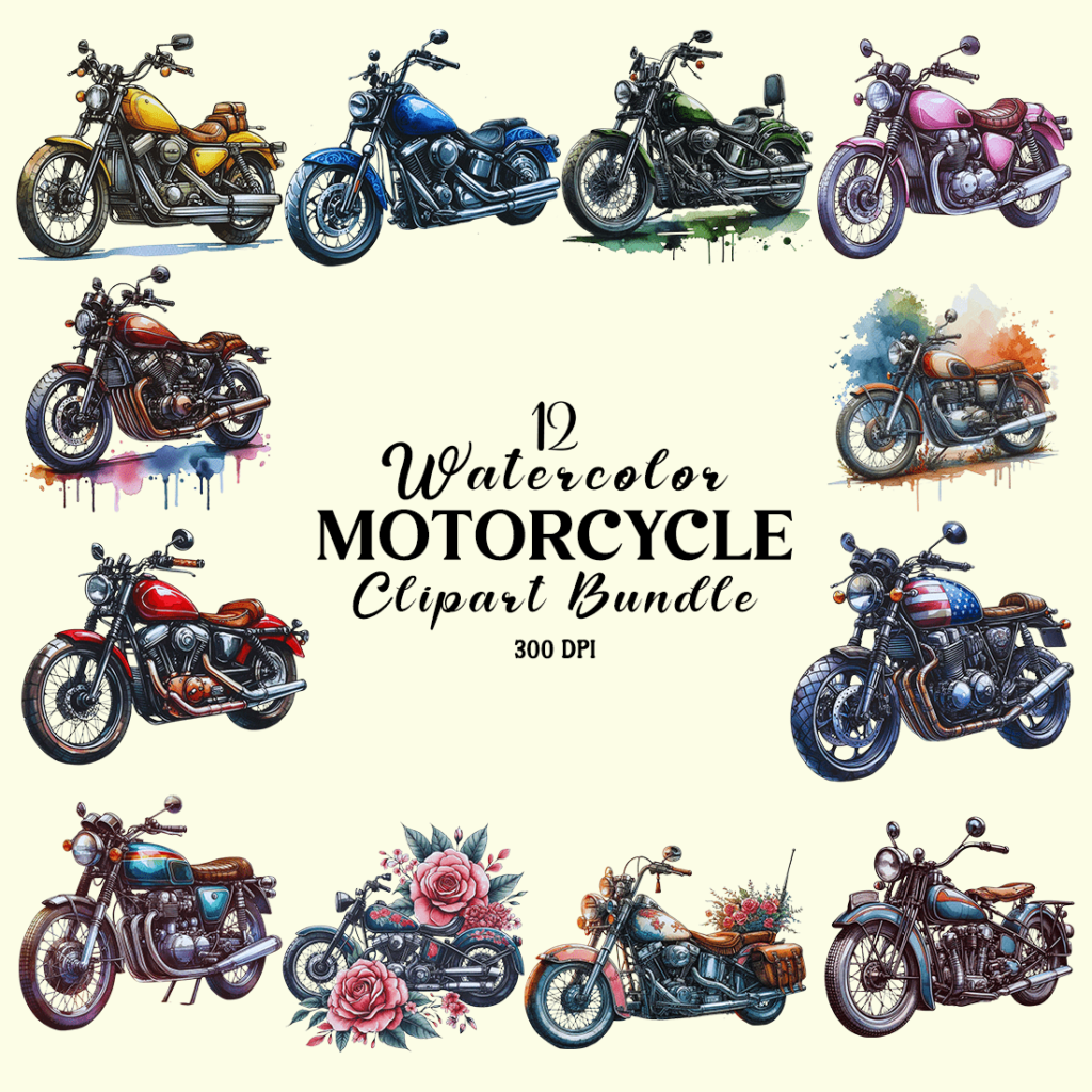 Watercolor Motorcycle Clipart Bundle - MasterBundles