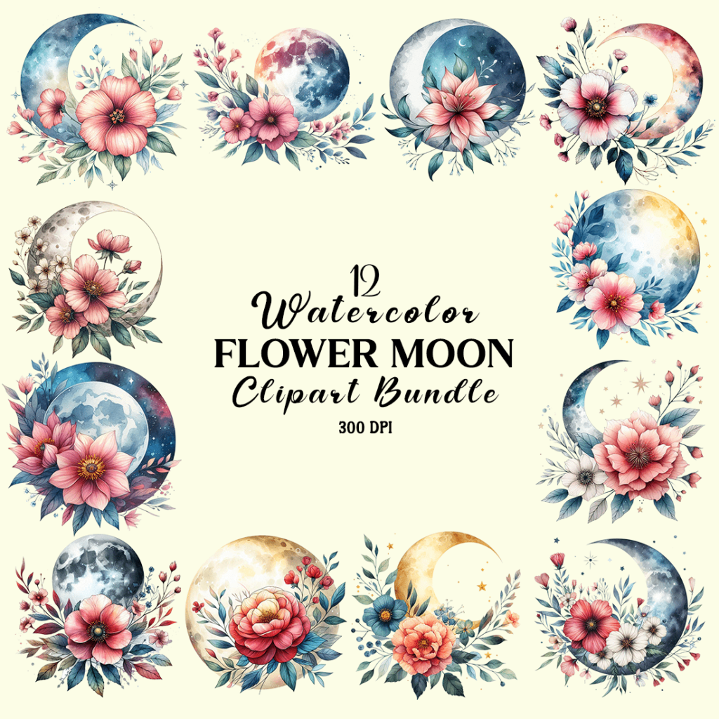 Watercolor Flower Moon Clipart Bundle - MasterBundles