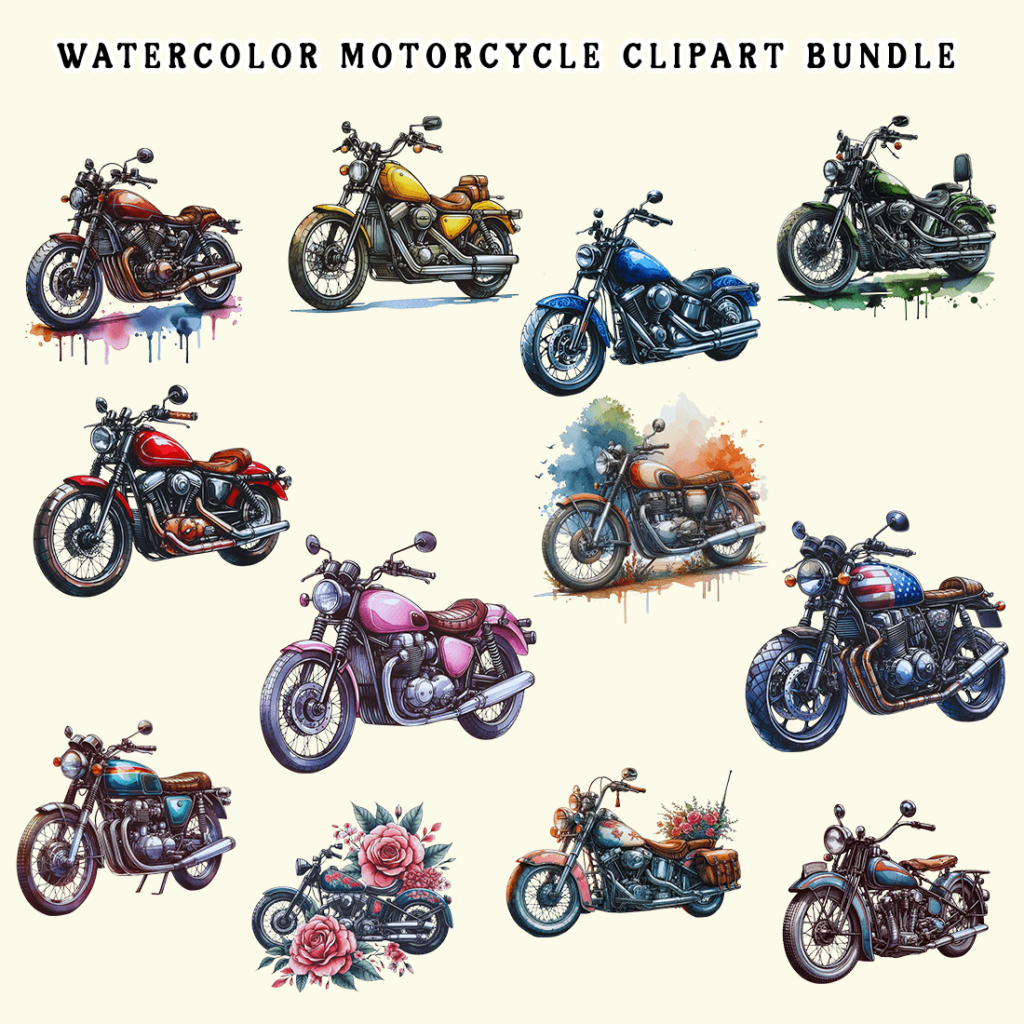 Watercolor Motorcycle Clipart Bundle - MasterBundles