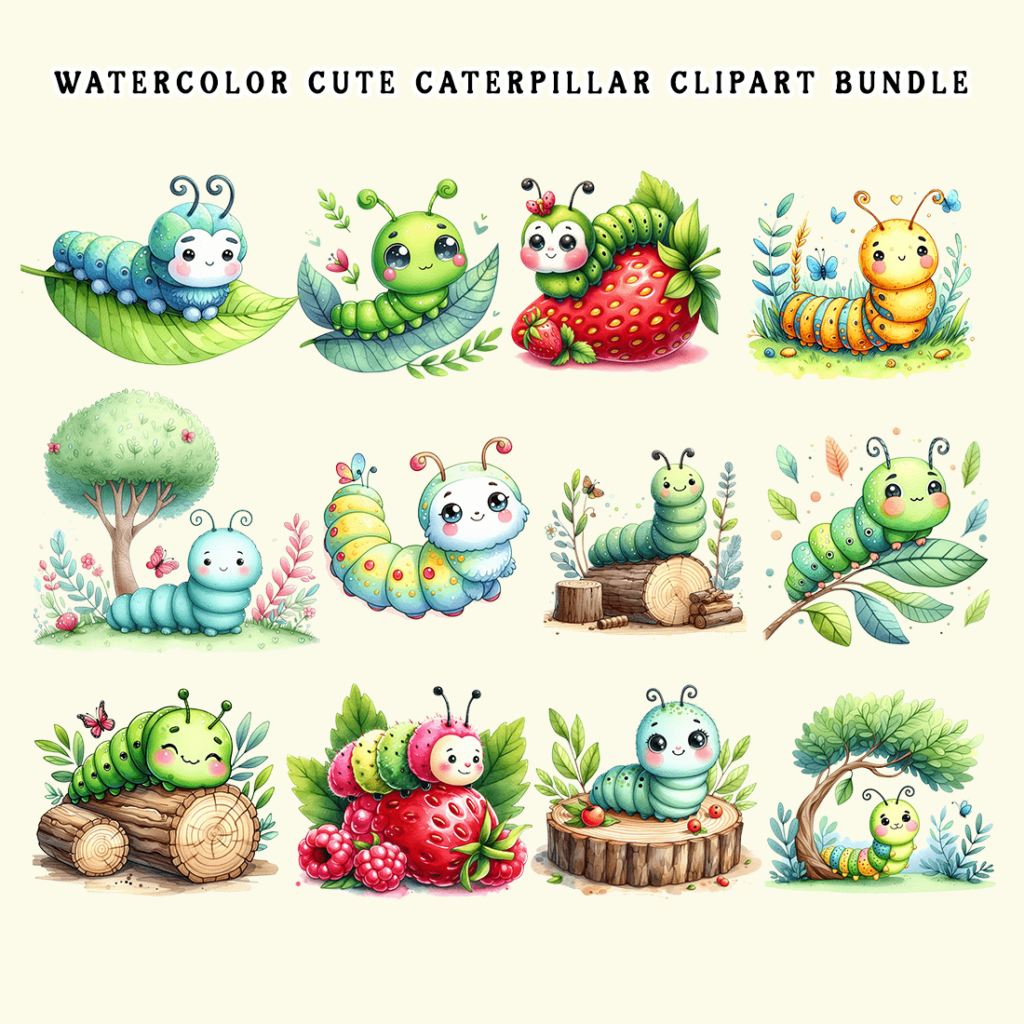 Watercolor Cute Caterpillar Clipart Bundle - MasterBundles
