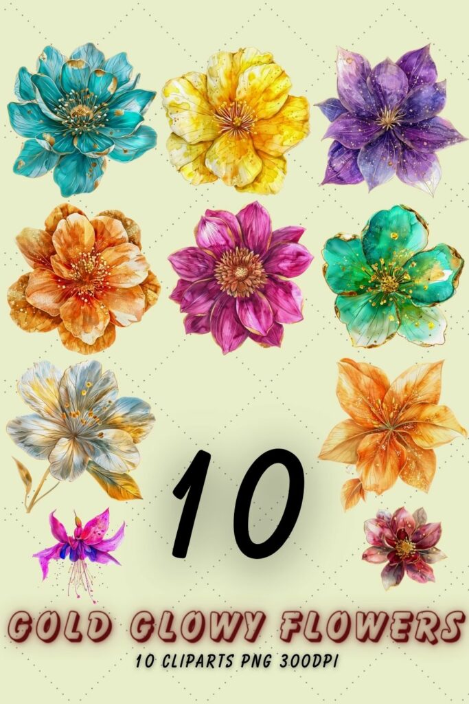 Golden Flower Clipart, Glowy Floral PNG, Watercolor Flowers - MasterBundles
