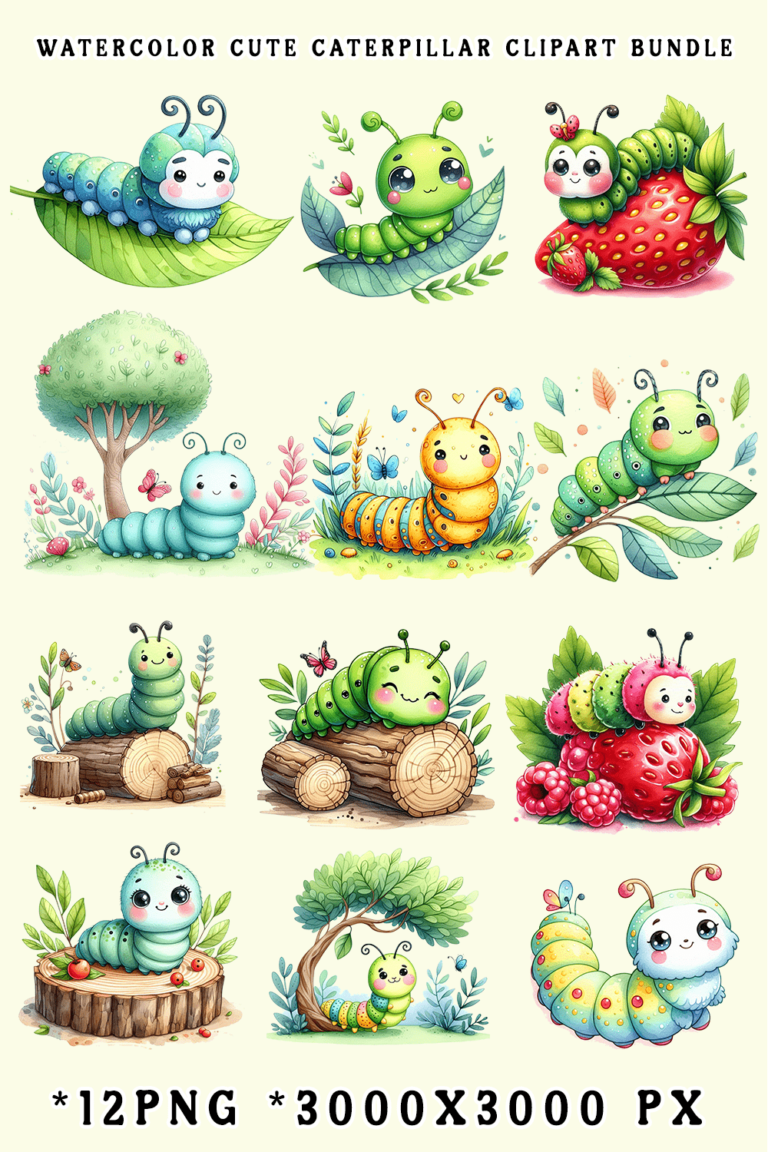Watercolor Cute Caterpillar Clipart Bundle - MasterBundles