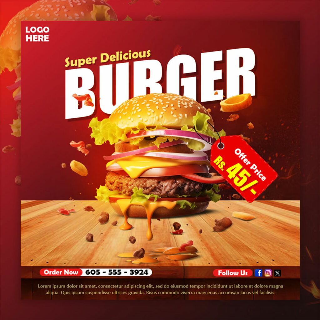 Super Delicious burger and food menu social media banner or Instagram ...