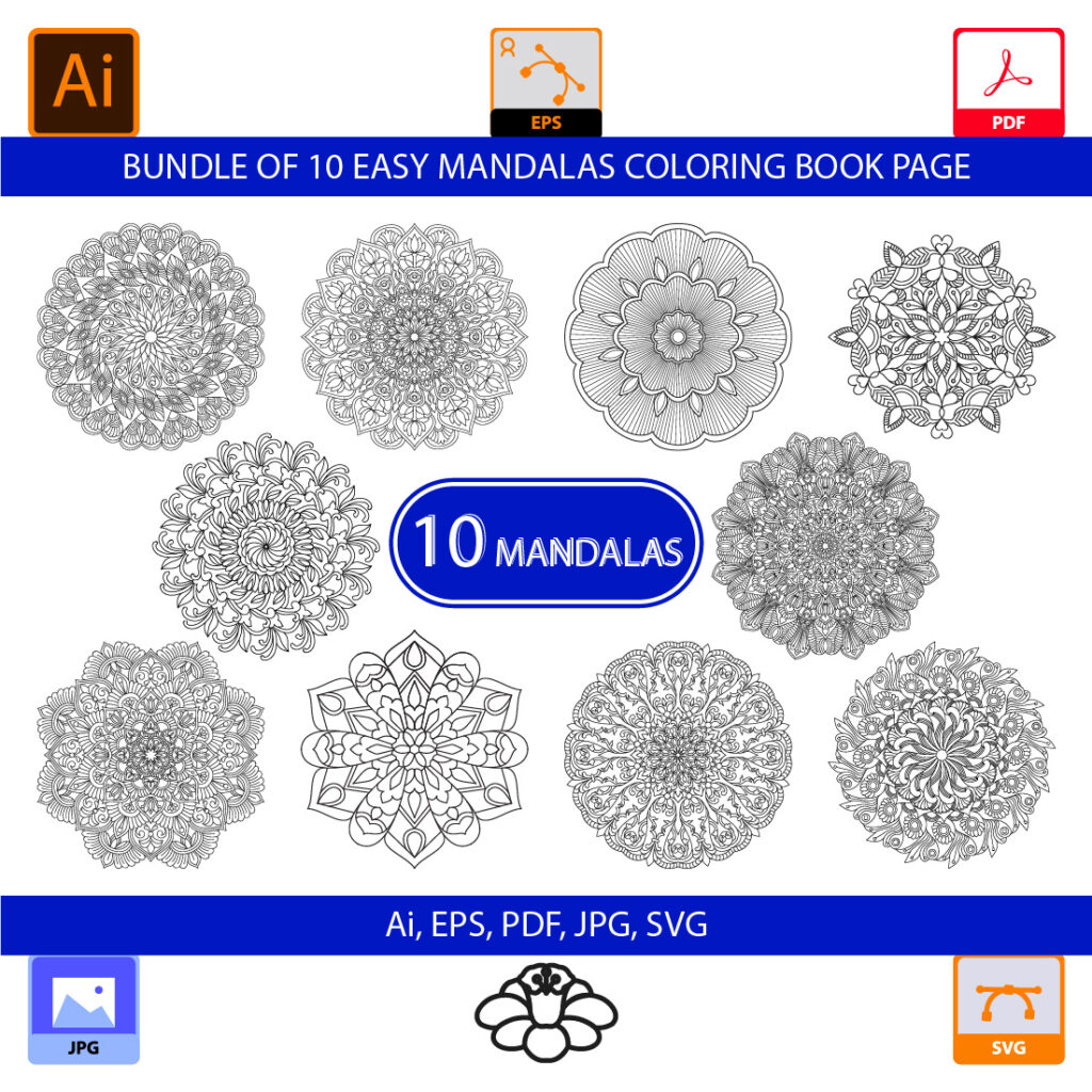 Bundle of 10 Easy Mandalas Coloring Book Page - MasterBundles