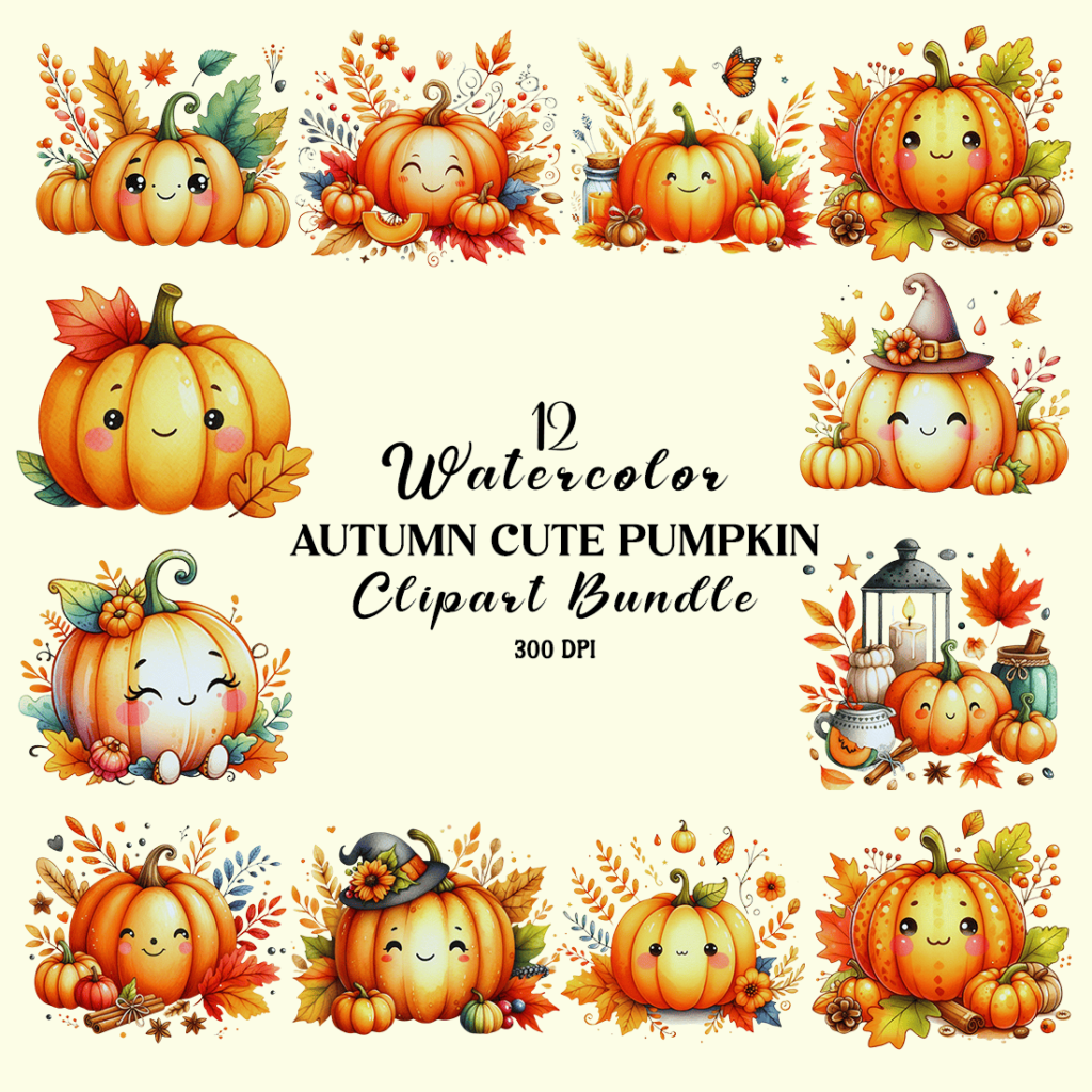 Watercolor Autumn Cute Pumpkin Clipart Bundle - MasterBundles