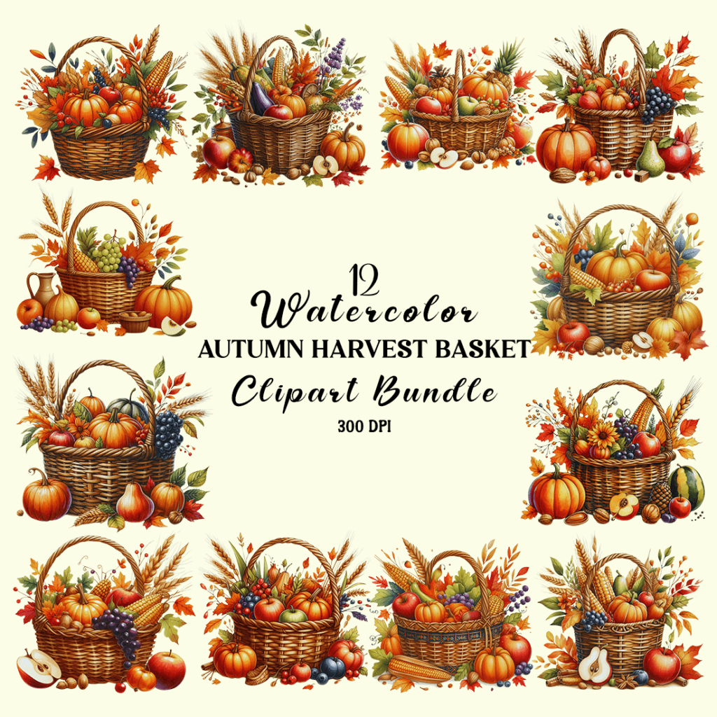 Watercolor Autumn Harvest Basket Clipart Bundle - MasterBundles