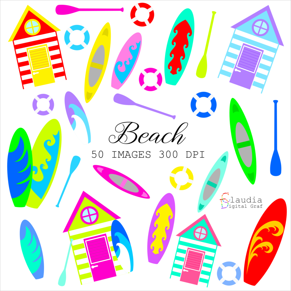 50 Summer beach Clip Art, Beach Hut Nautical, Colorful Surfboards ...