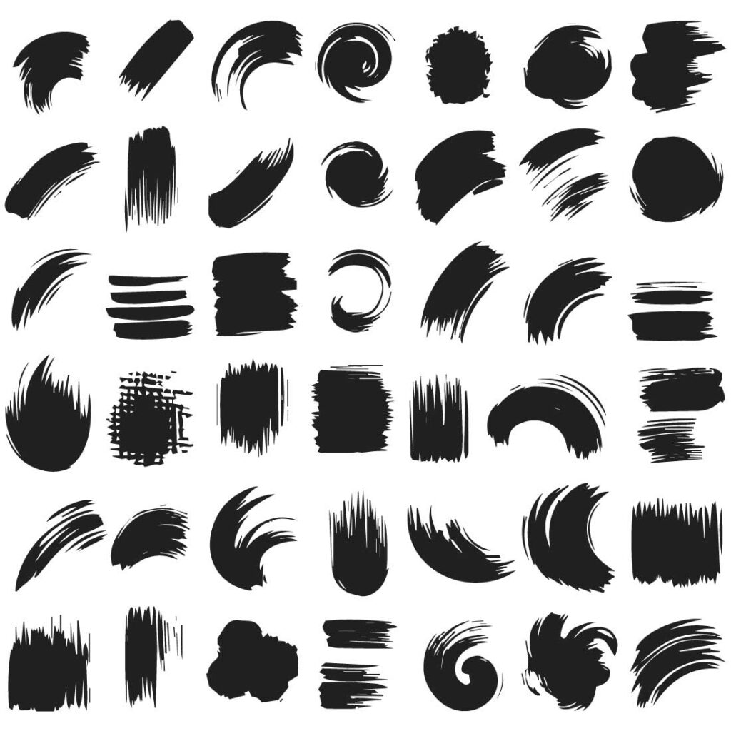 A collection of various black brushstroke textures vector in a grid ...
