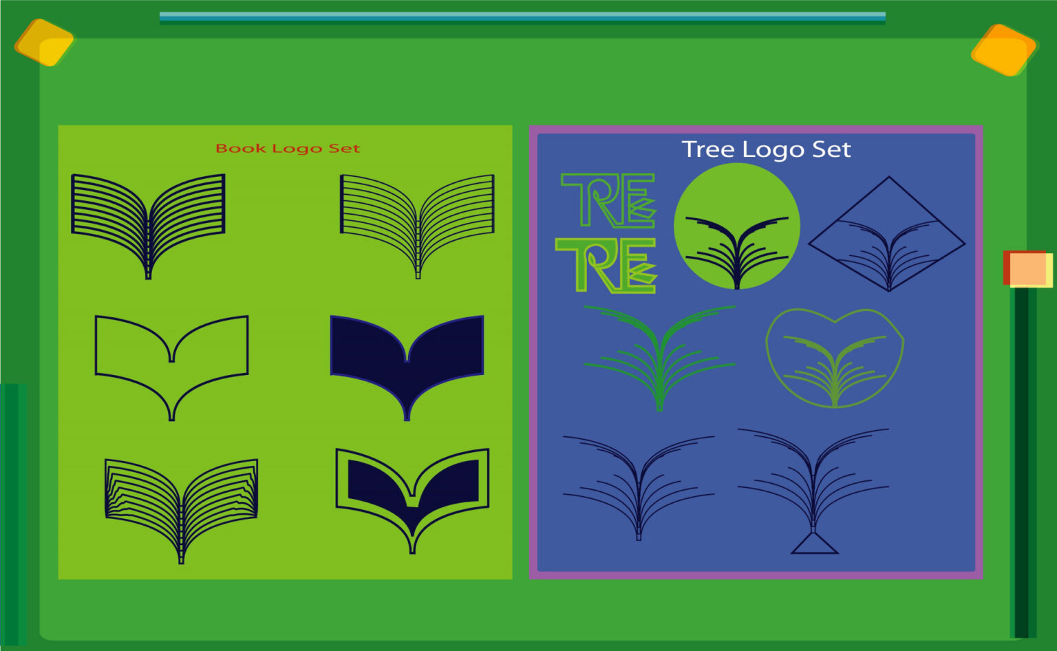 Bookshape Logo set and tree logo set design. - MasterBundles