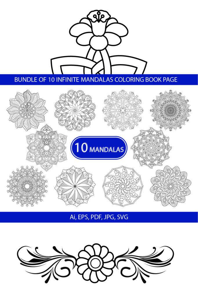 Bundle of 10 Infinite Circle Mandalas Coloring Book Page - MasterBundles