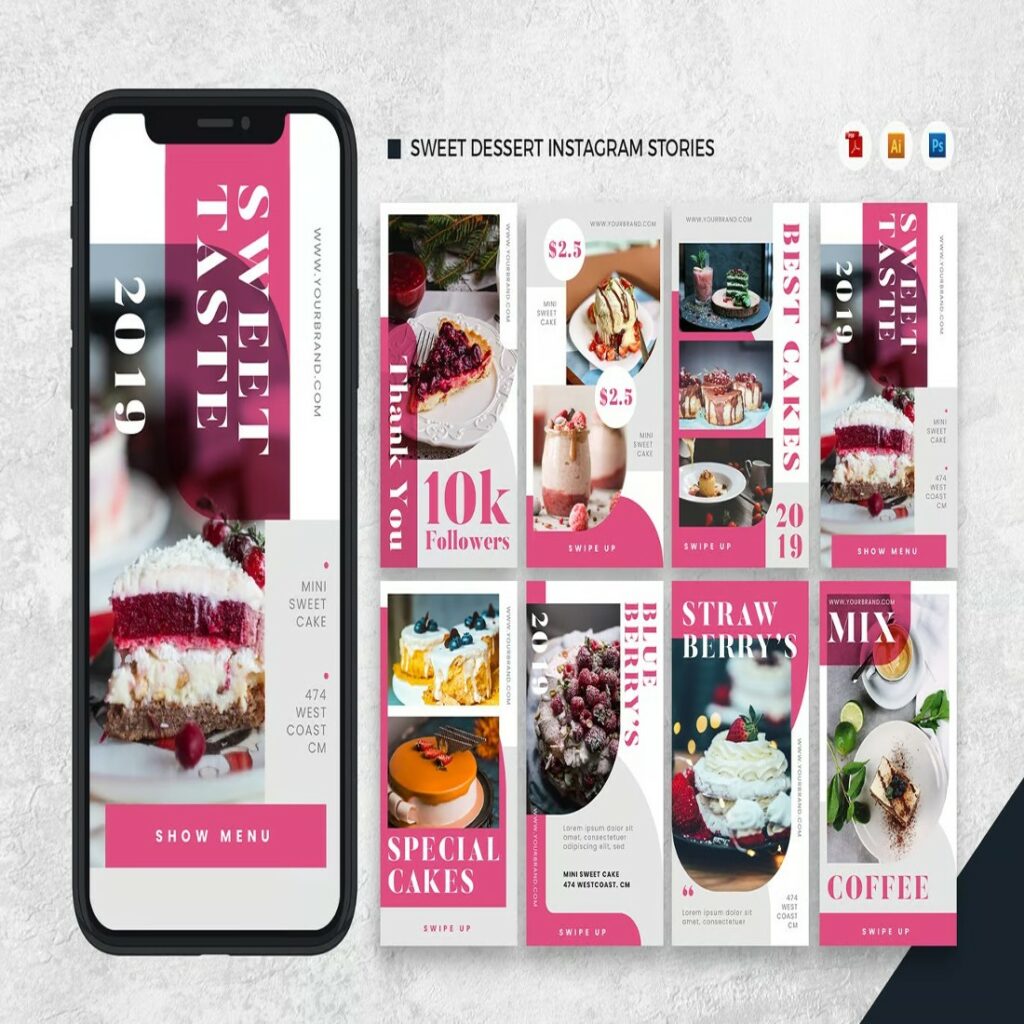 Instagram Stories with Sweet Desserts ( AI and PSD ) - MasterBundles