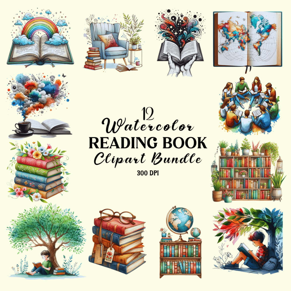 Watercolor Reading Book Clipart Bundle - MasterBundles