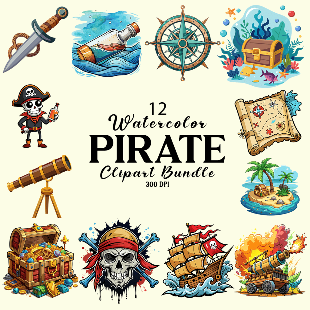 Watercolor Pirate Clipart Bundle - MasterBundles