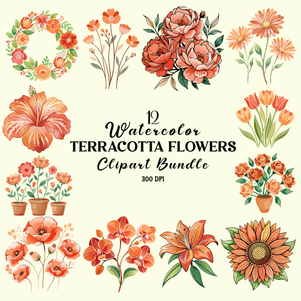 Watercolor Terracotta Flowers Clipart Bundle - MasterBundles