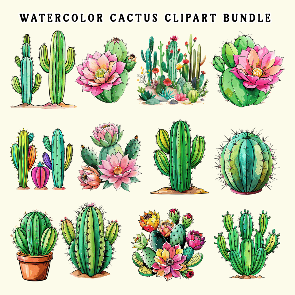 Watercolor Cactus Clipart Bundle - MasterBundles