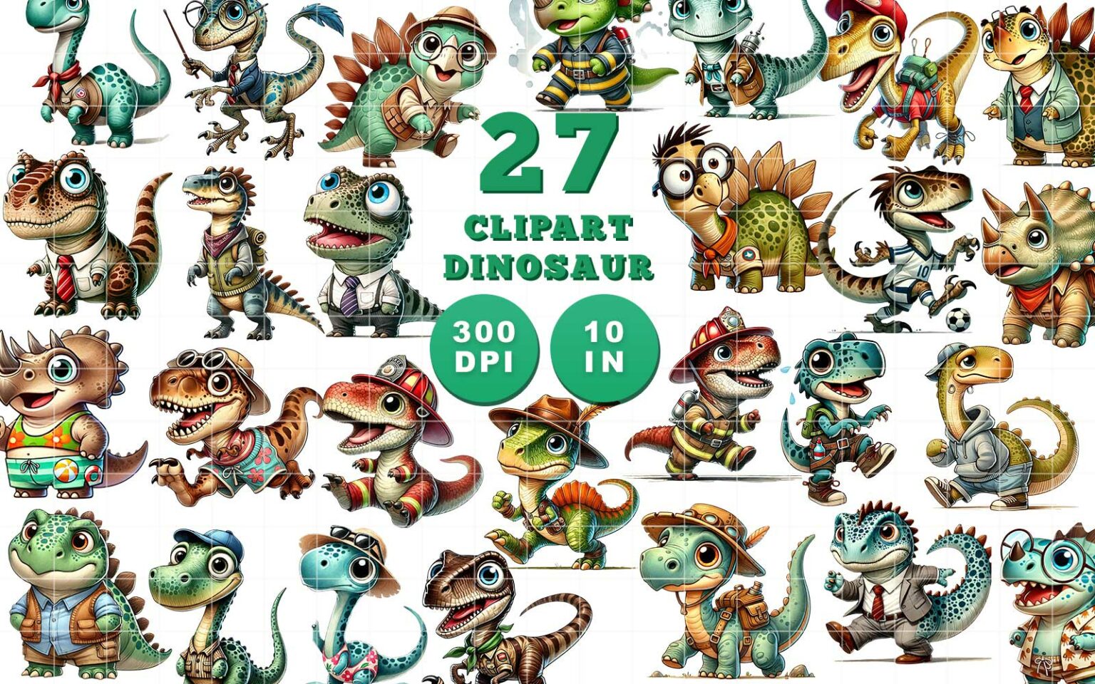 Dinosaur Clipart Bundle PNG | Funny Cute Dinosaur Illustration Art ...