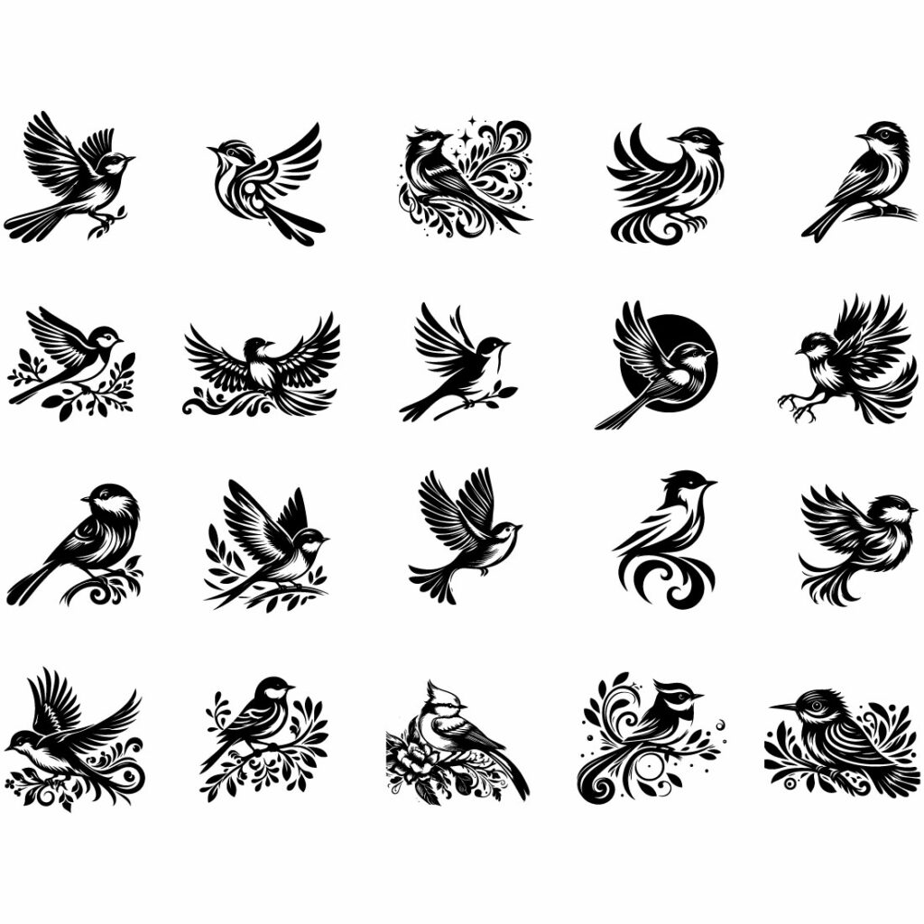 Set of silhouettes of blue birds - MasterBundles