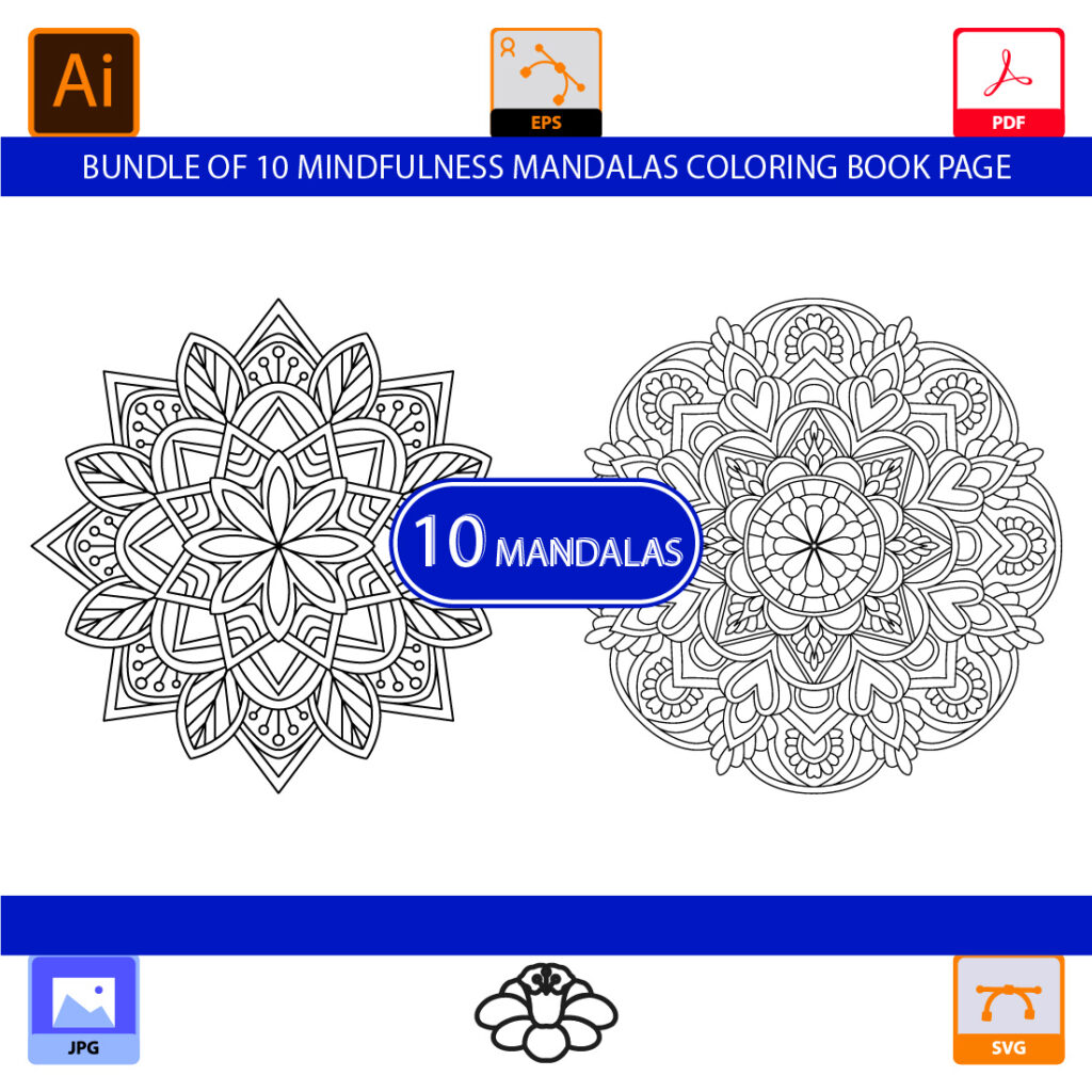 Bundle of 10 mindfulness Mandalas Coloring Book Page - MasterBundles