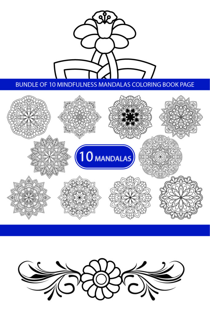 Bundle of 10 mindfulness Mandalas Coloring Book Page - MasterBundles