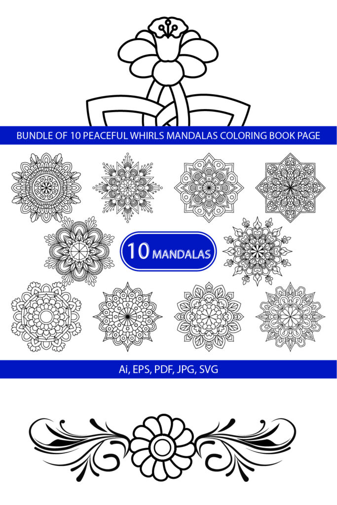 Bundle of 10 Peaceful Whirls Mandalas Coloring Book Page - MasterBundles