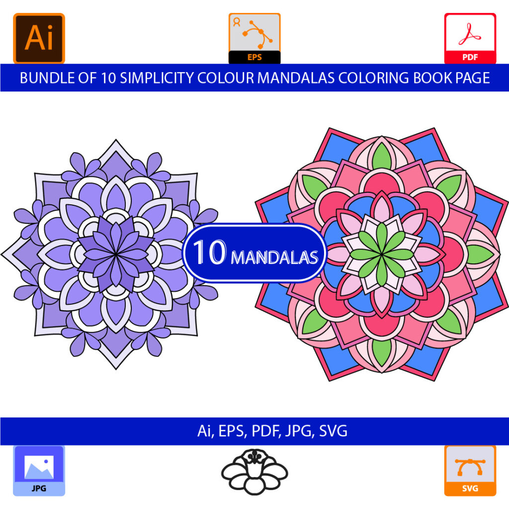 Bundle of 10 Simplicity Colour Mandalas Coloring Book Page - MasterBundles