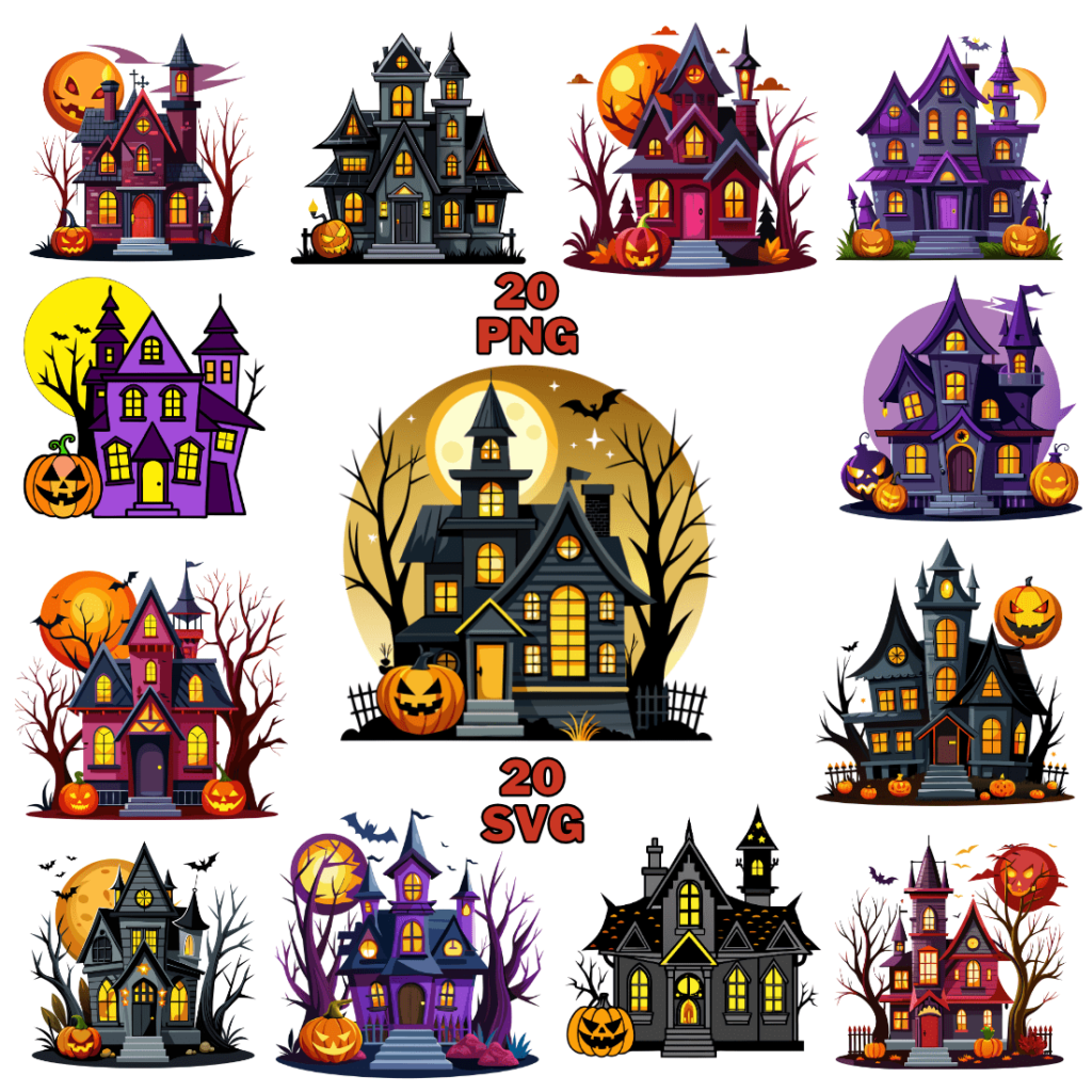 Watercolor Spooky Haunted House Night Clipart Bundle - MasterBundles