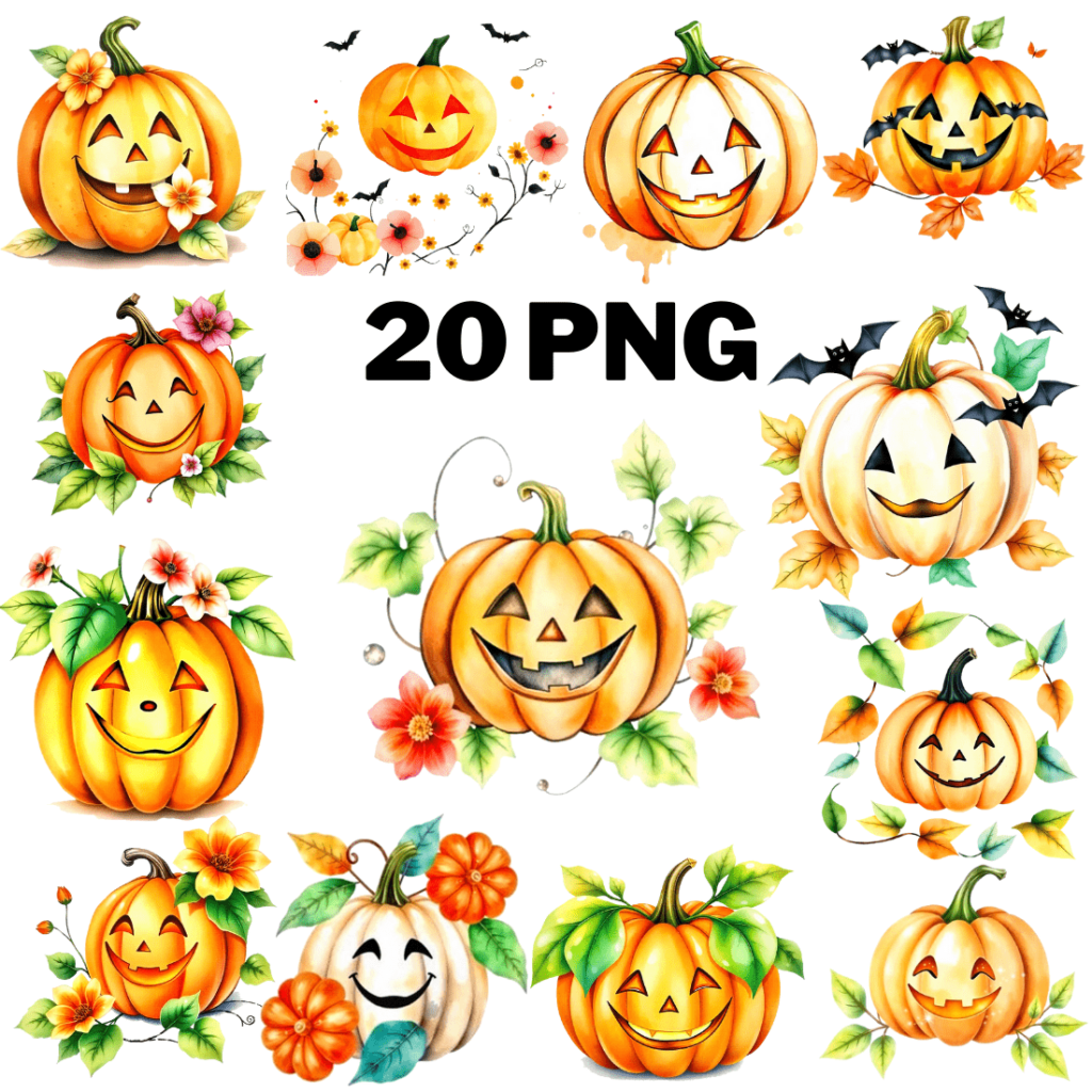 Watercolor Pumpkin Smile Illustration Clipart Bundle - MasterBundles