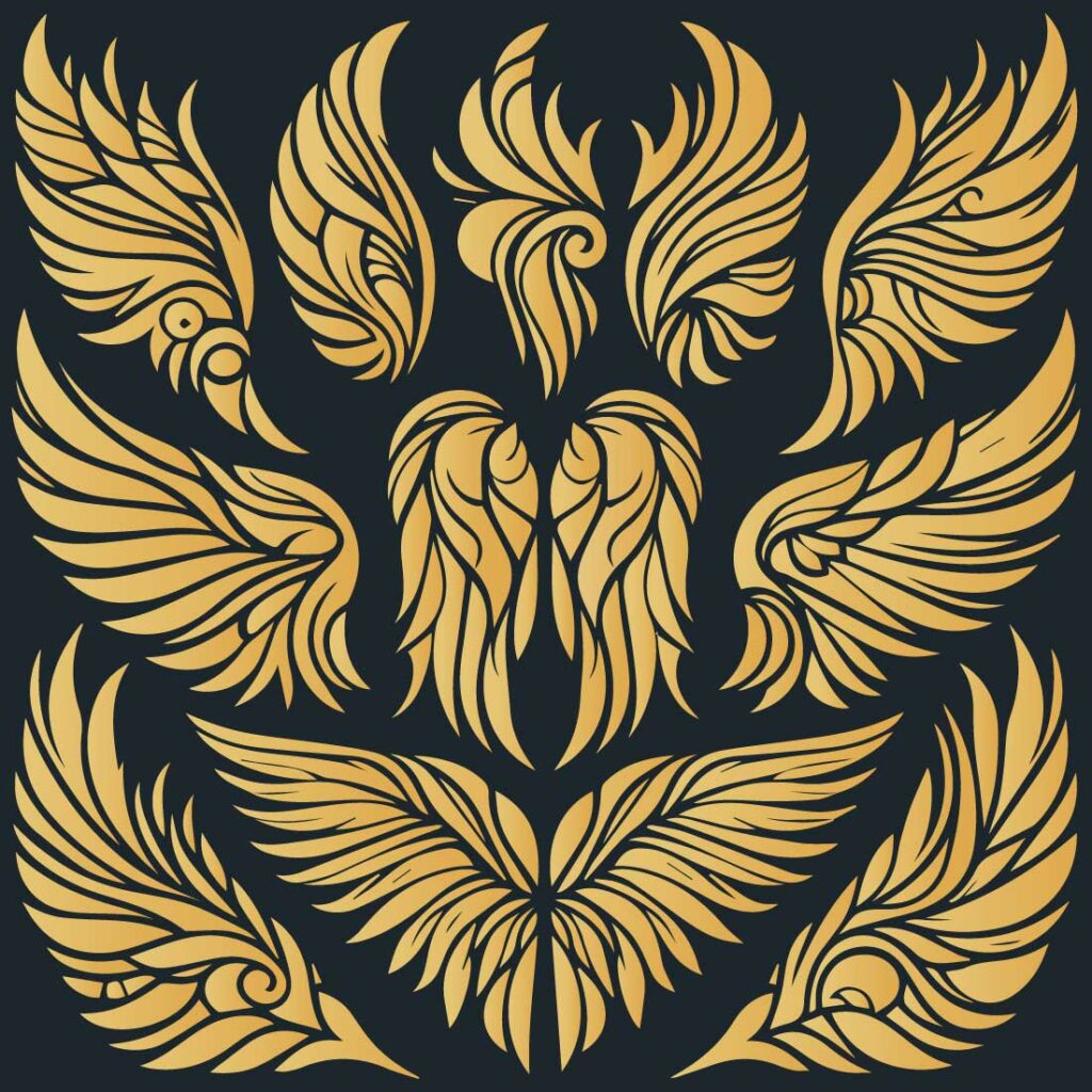 Golden abstract wing designs arranged in a grid pattern, isolated on a ...