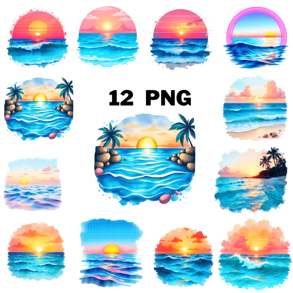Watercolor Ocean Sunset Sublimation Clipart - MasterBundles