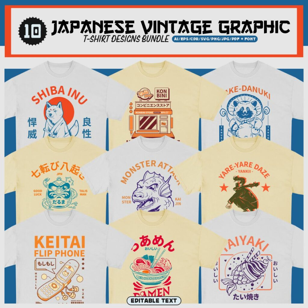 Japanese Vintage Graphic T-shirt Designs Bundle - MasterBundles