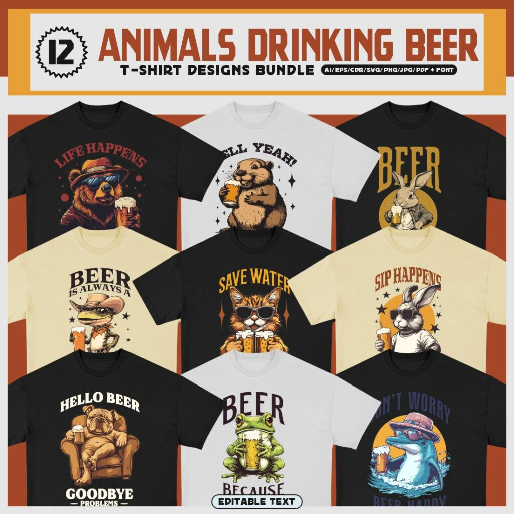Animals Drinking Beer T-shirt Designs Bundle - MasterBundles