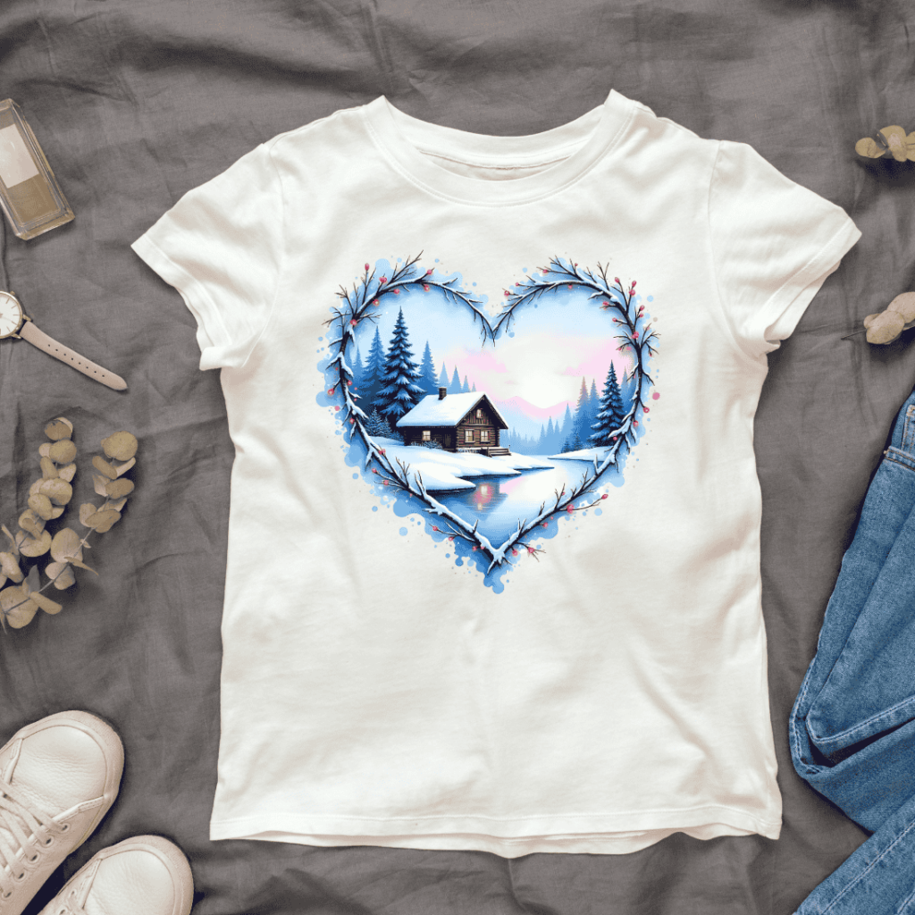 Watercolor Winter Cottage in Heart Shaped Frame T-Shirt Design Bundle ...