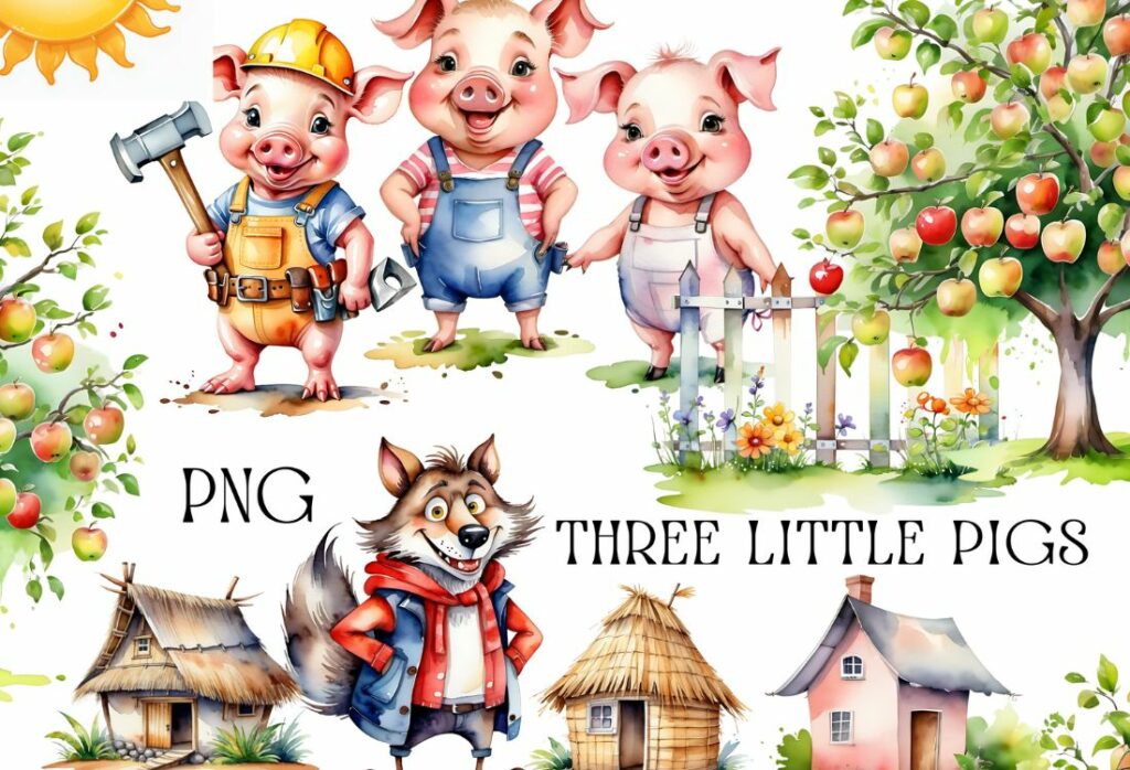 Fairytale Three little pigs and big bad wolf watercolor cliparts bundle ...